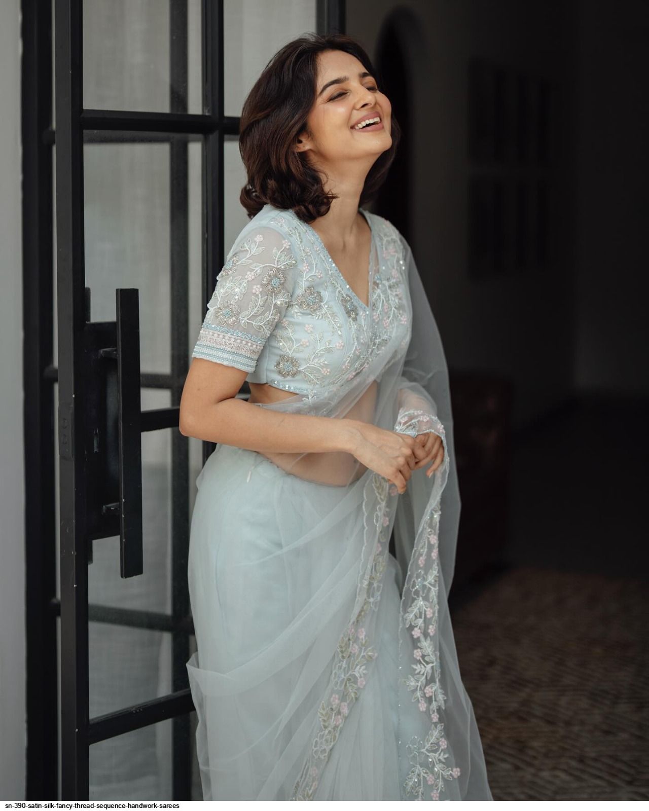 SN 390 Satin silk Fancy thread sequence handwork sarees