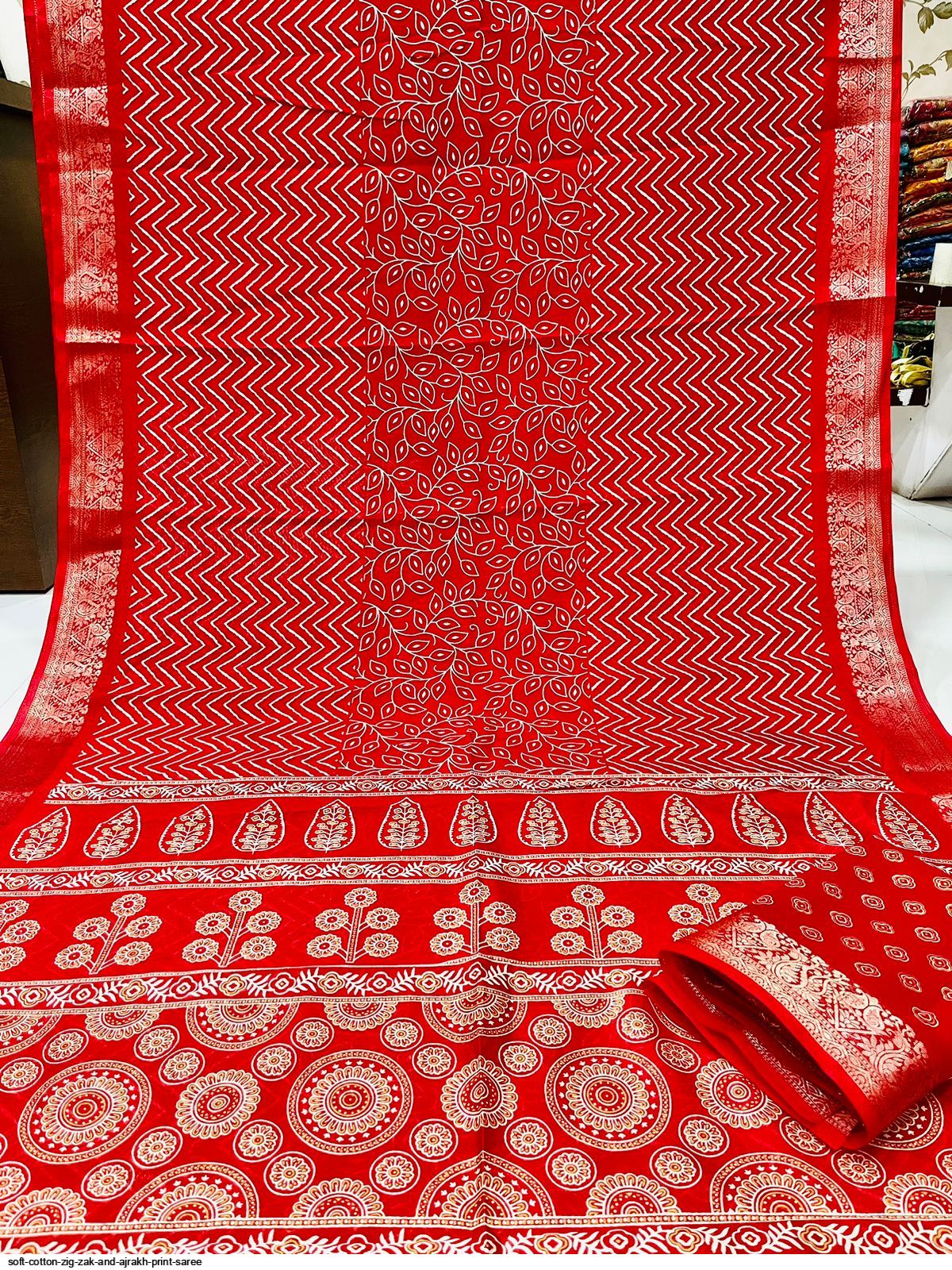 Soft Cotton Zig Zak and Ajrakh Print saree