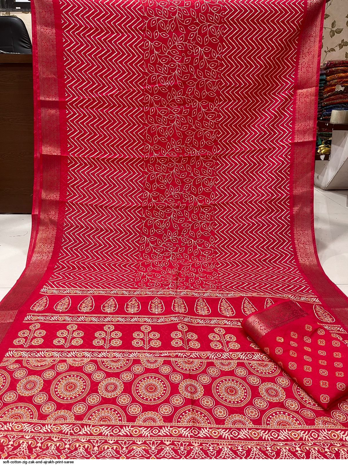 Soft Cotton Zig Zak and Ajrakh Print saree
