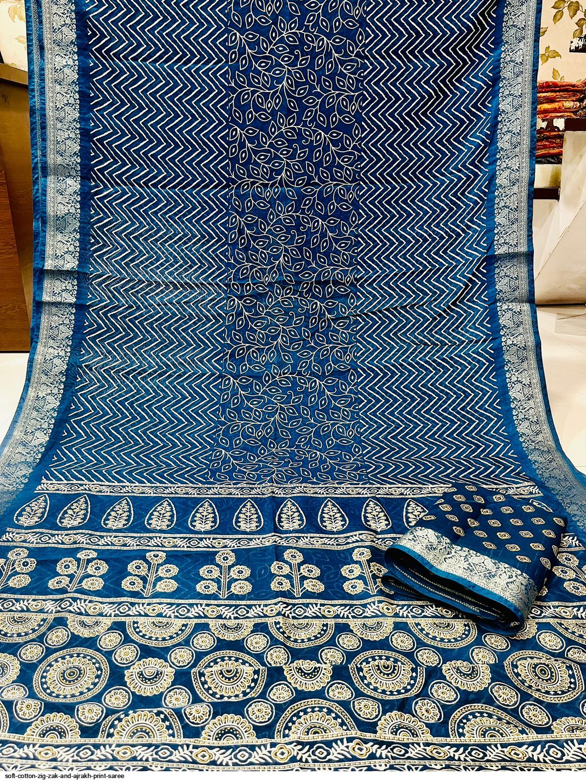 Soft Cotton Zig Zak and Ajrakh Print saree