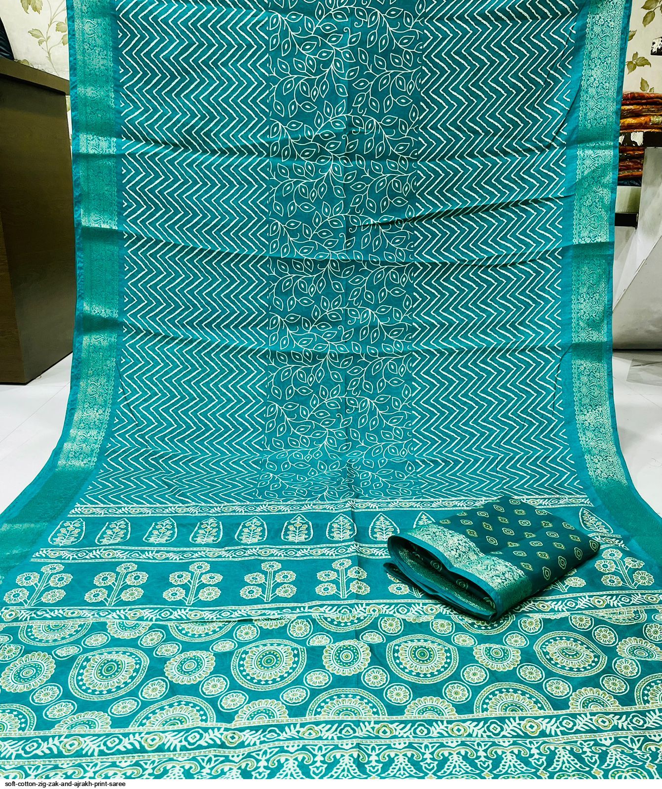 Soft Cotton Zig Zak and Ajrakh Print saree