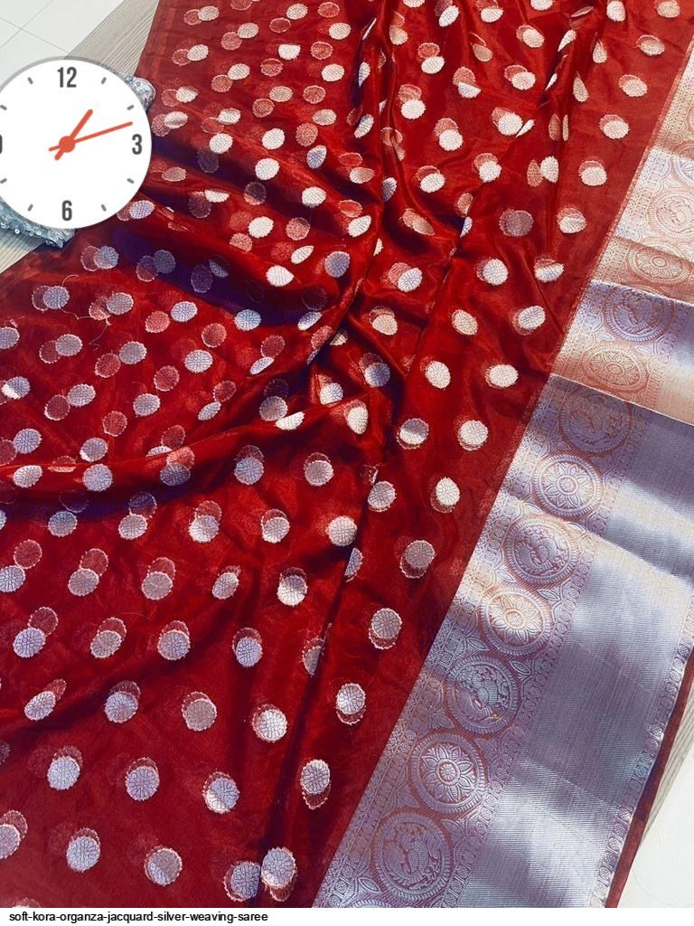 Soft Kora Organza jacquard Silver Weaving Saree