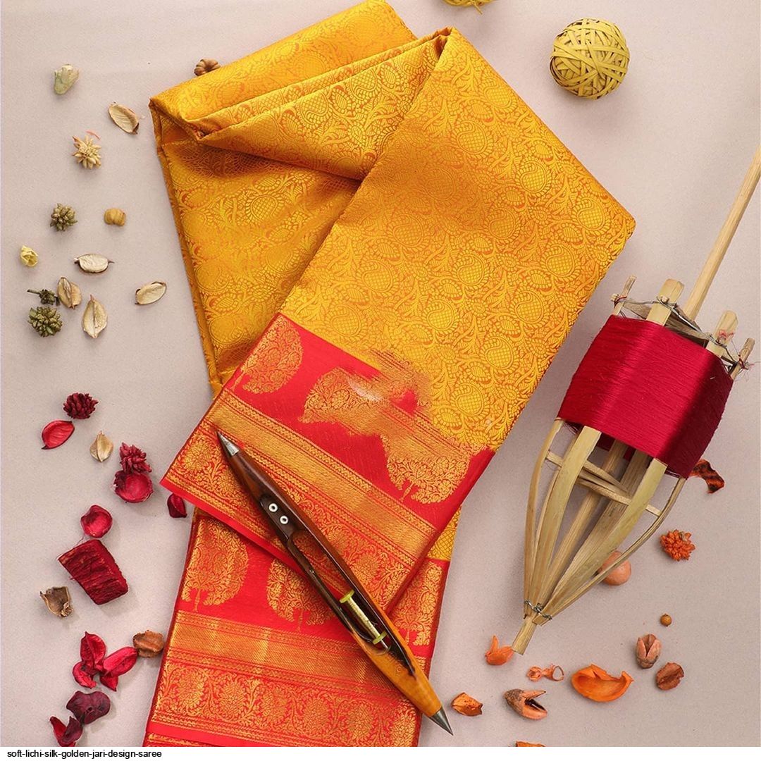 soft lichi silk golden jari design saree