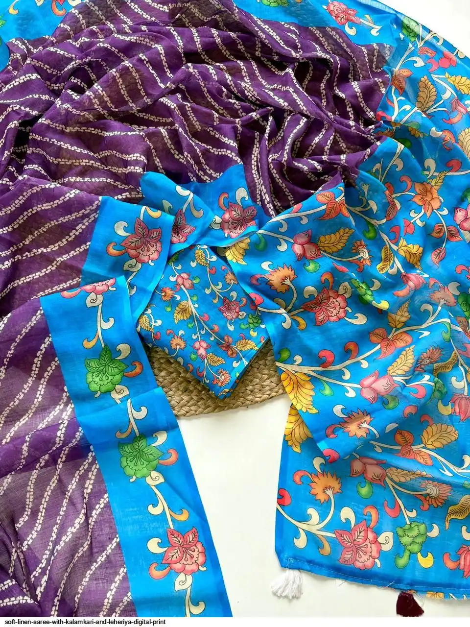 Soft Linen Saree with Kalamkari and Leheriya Digital Print