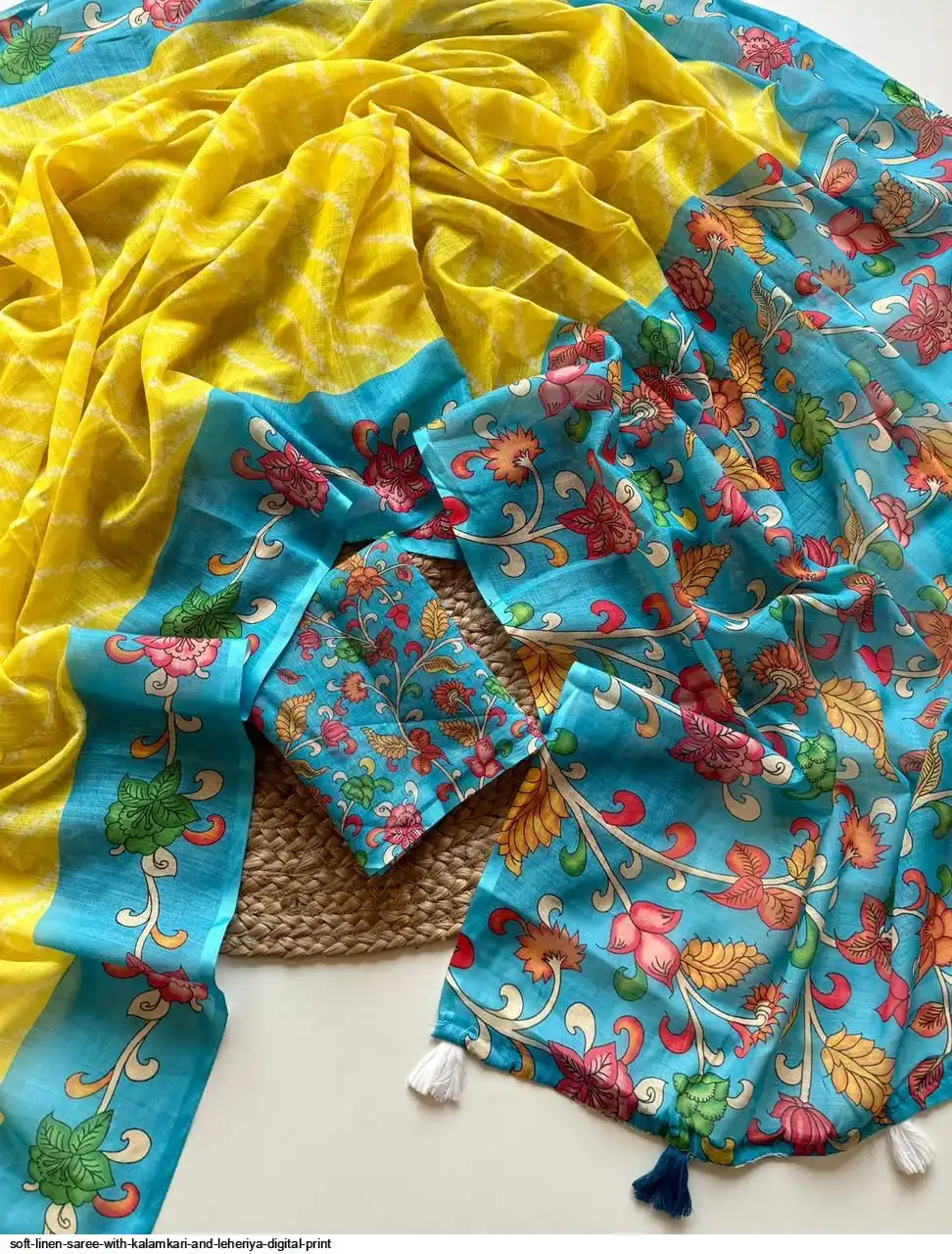 Soft Linen Saree with Kalamkari and Leheriya Digital Print