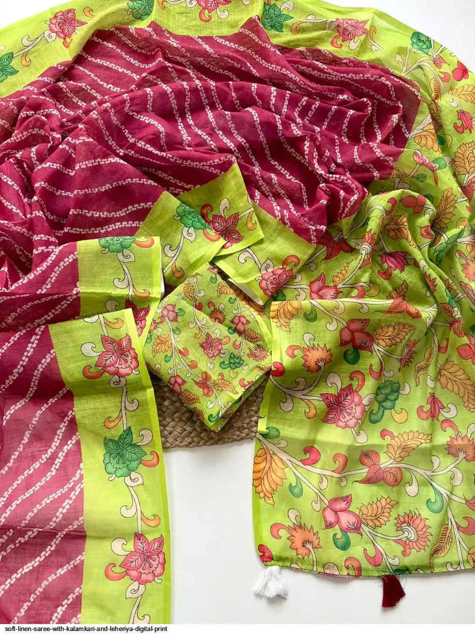 Soft Linen Saree with Kalamkari and Leheriya Digital Print