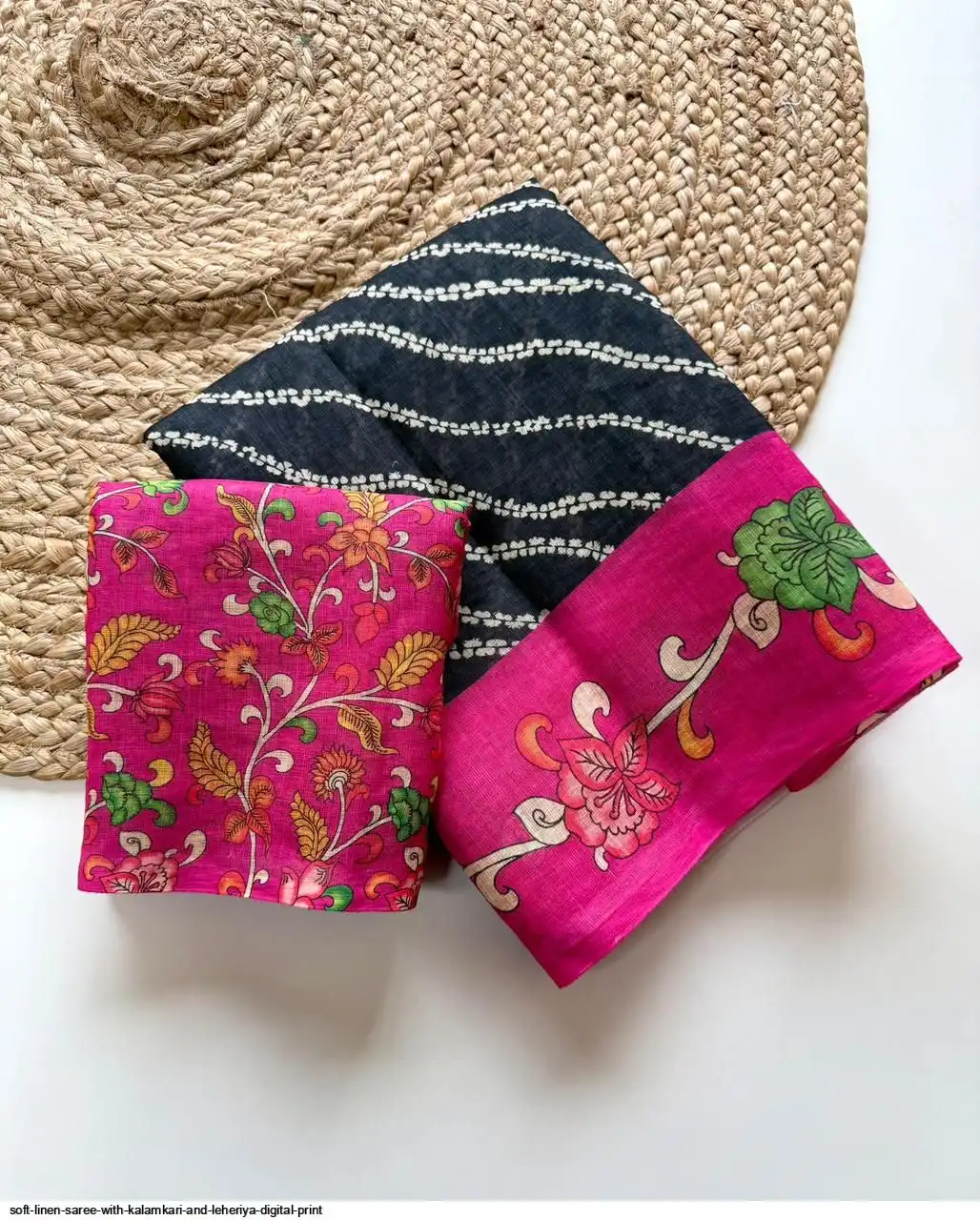 Soft Linen Saree with Kalamkari and Leheriya Digital Print