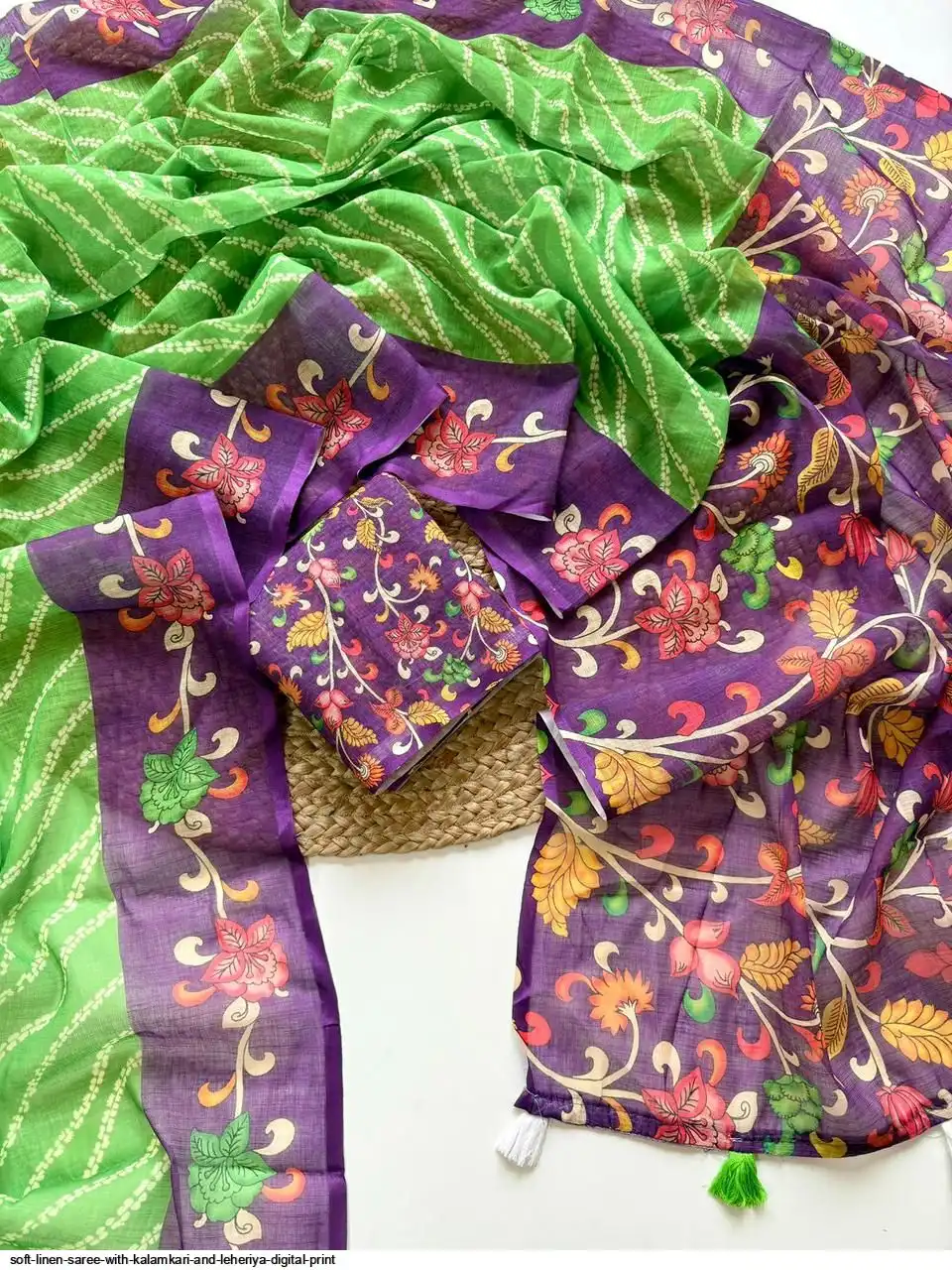 Soft Linen Saree with Kalamkari and Leheriya Digital Print