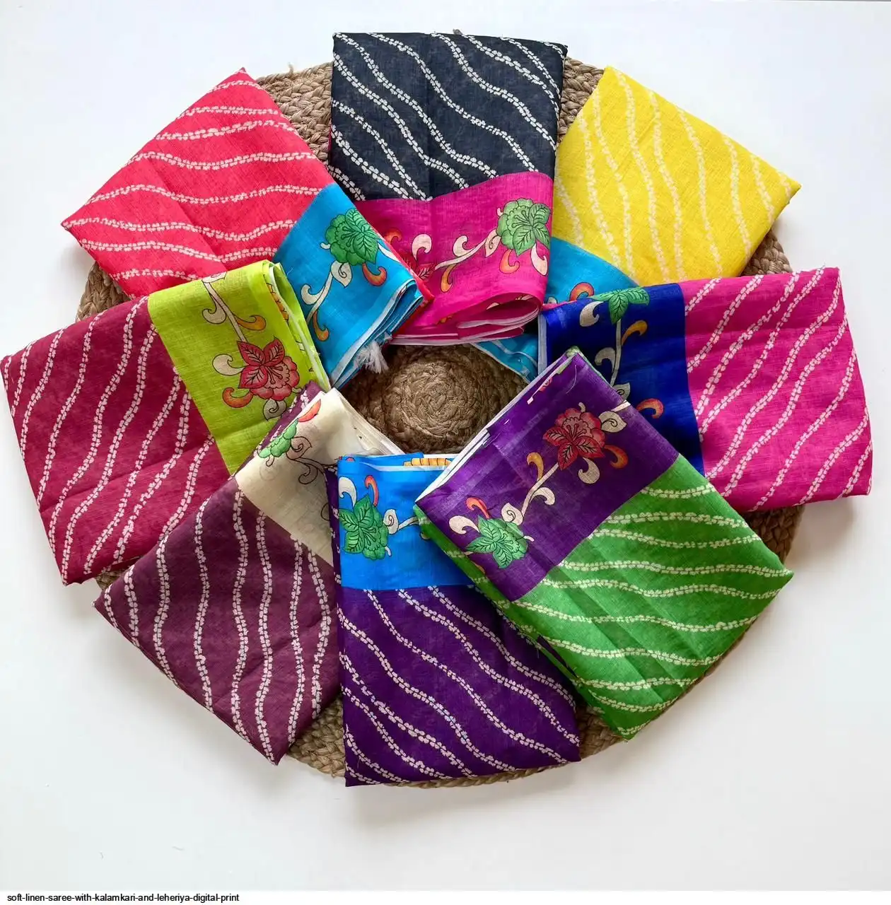 Soft Linen Saree with Kalamkari and Leheriya Digital Print