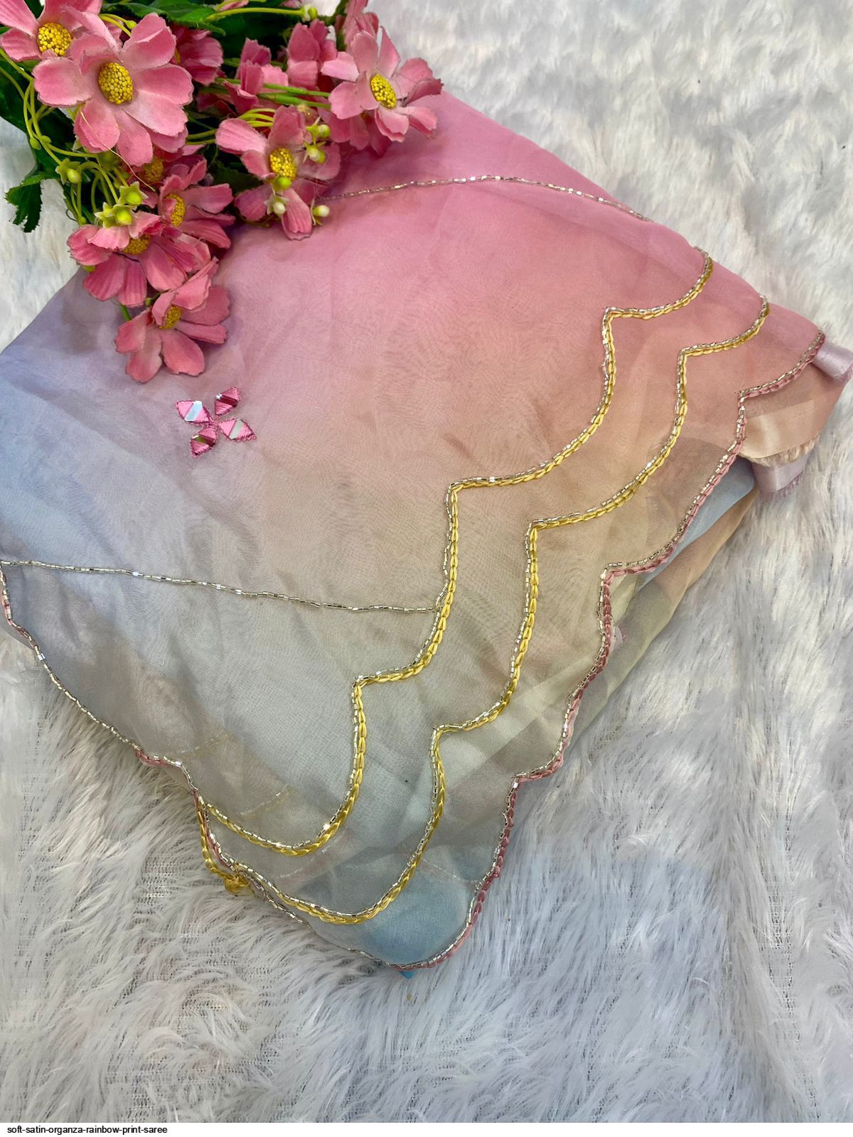 soft satin organza rainbow print saree