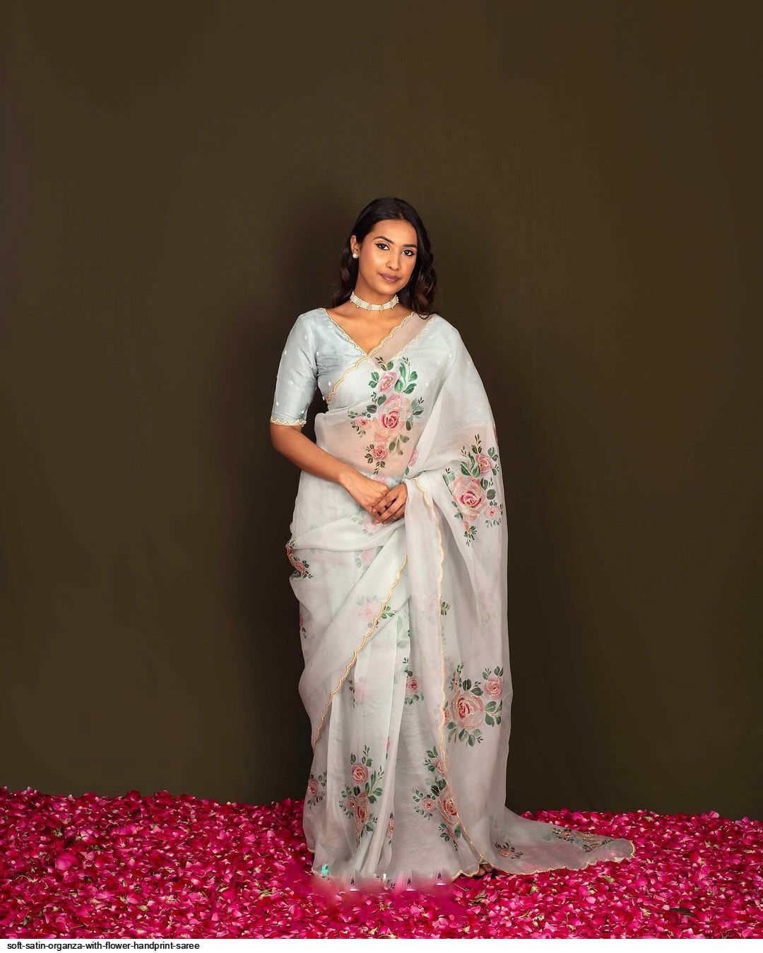 soft satin organza with flower handprint saree
