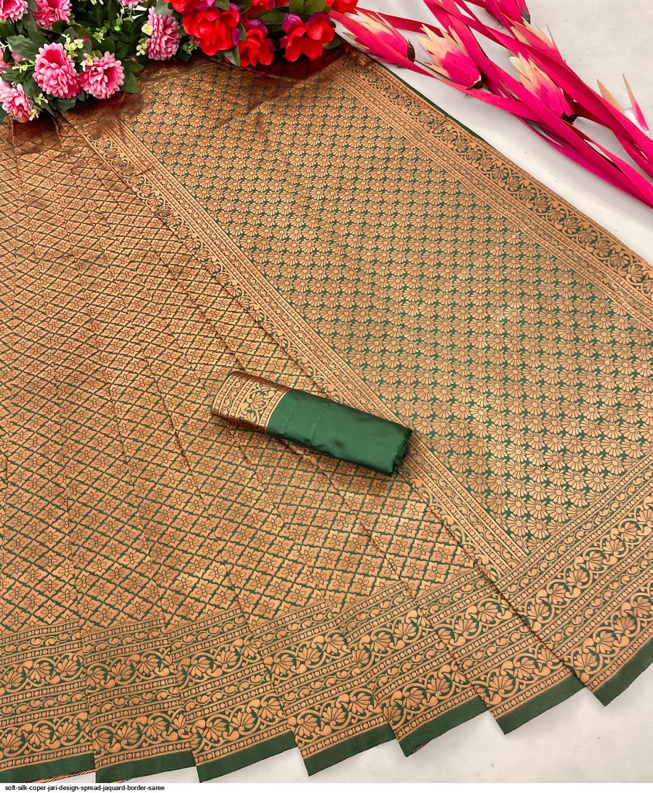 soft silk coper jari design Spread Jaquard border SAREE