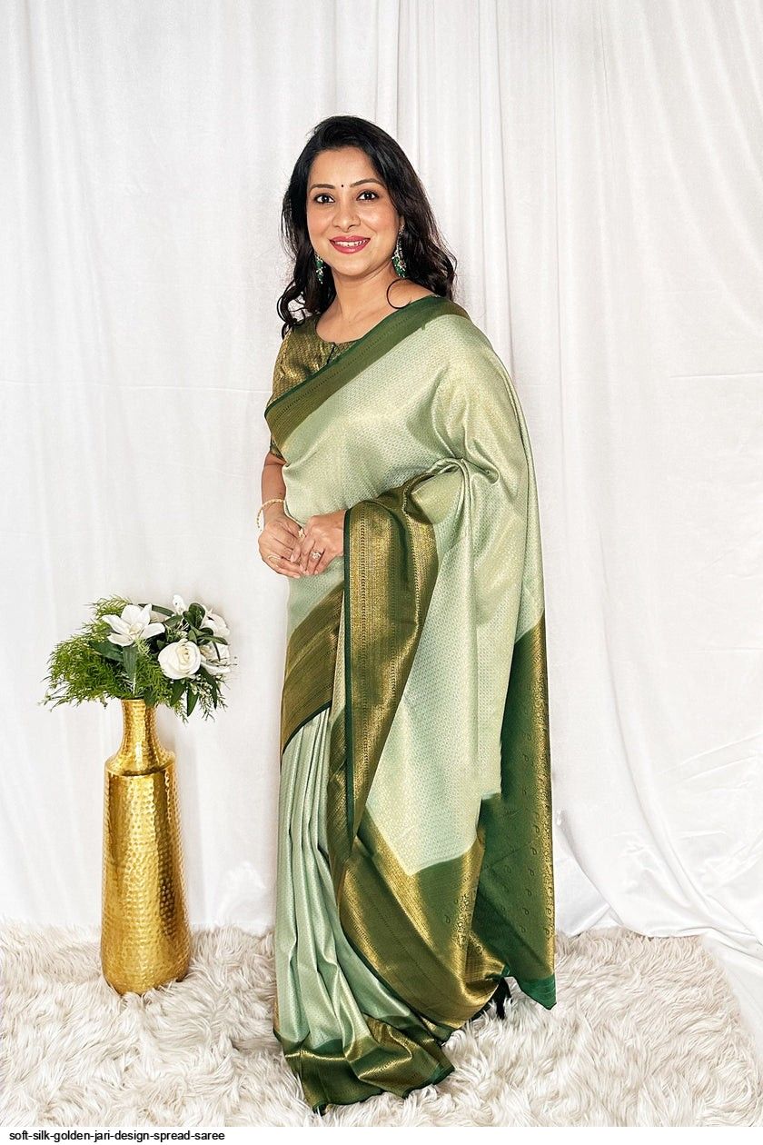 soft silk golden jari design Spread saree
