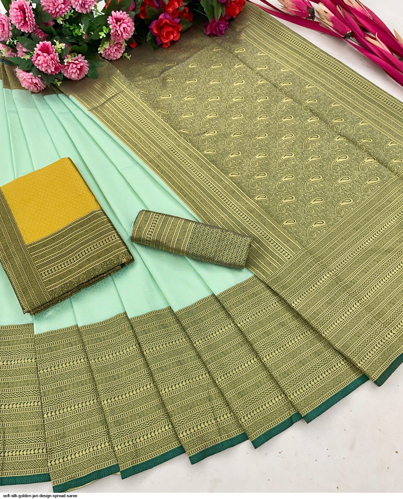 soft silk golden jari design Spread saree
