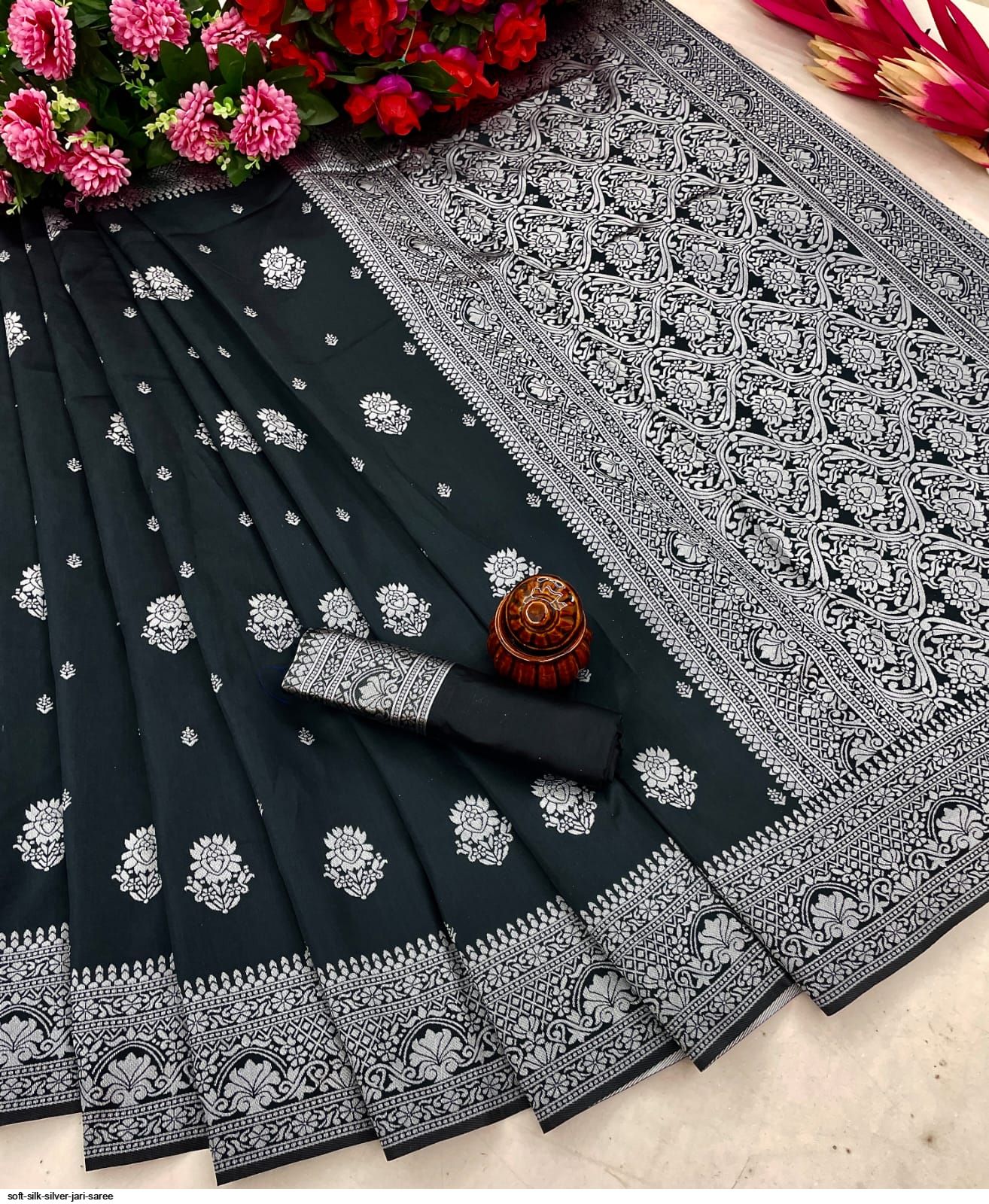 soft silk silver jari saree