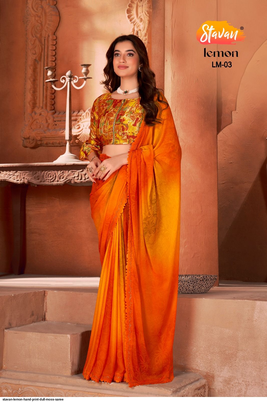 Stavan Lemon HAND Print Dull Moss SAREE