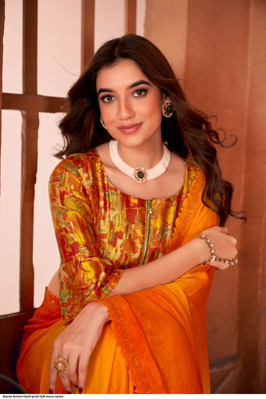 Stavan Lemon HAND Print Dull Moss SAREE