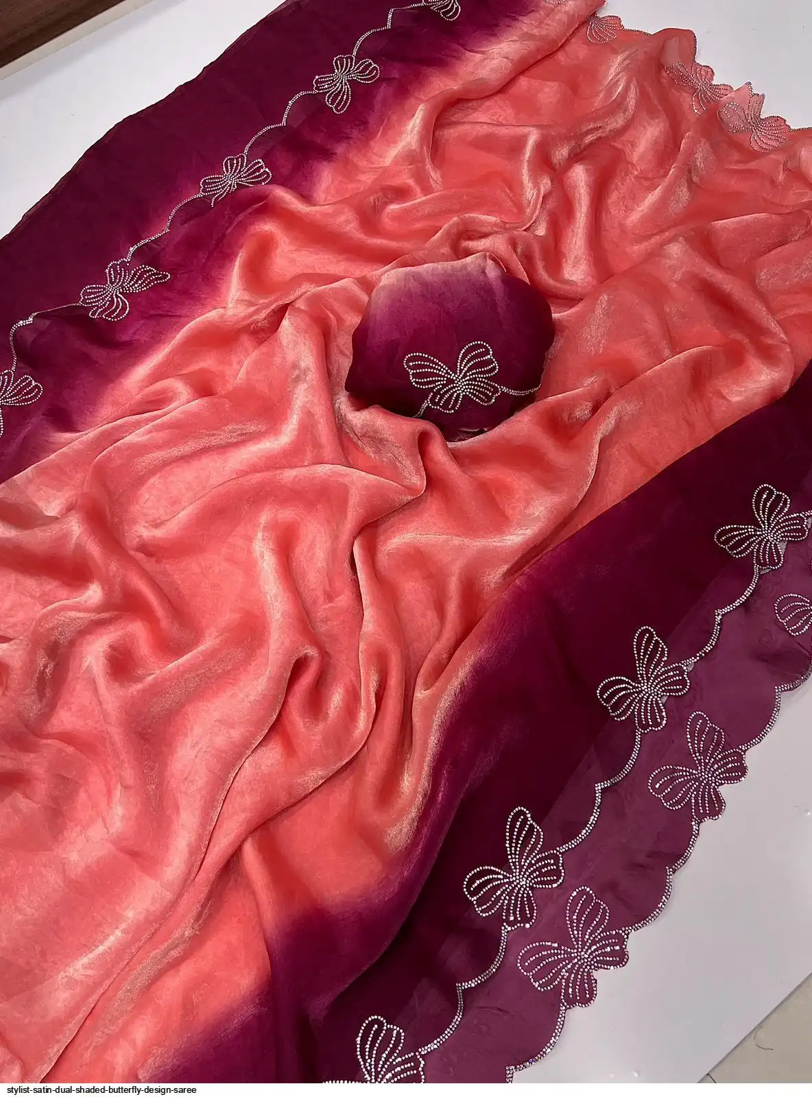 STYLIST Satin Dual Shaded Butterfly Design SAREE