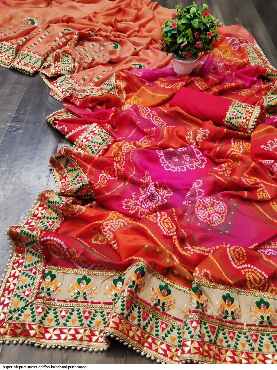 Super Hit Pure Moss Chiffon Bandhani Print saree