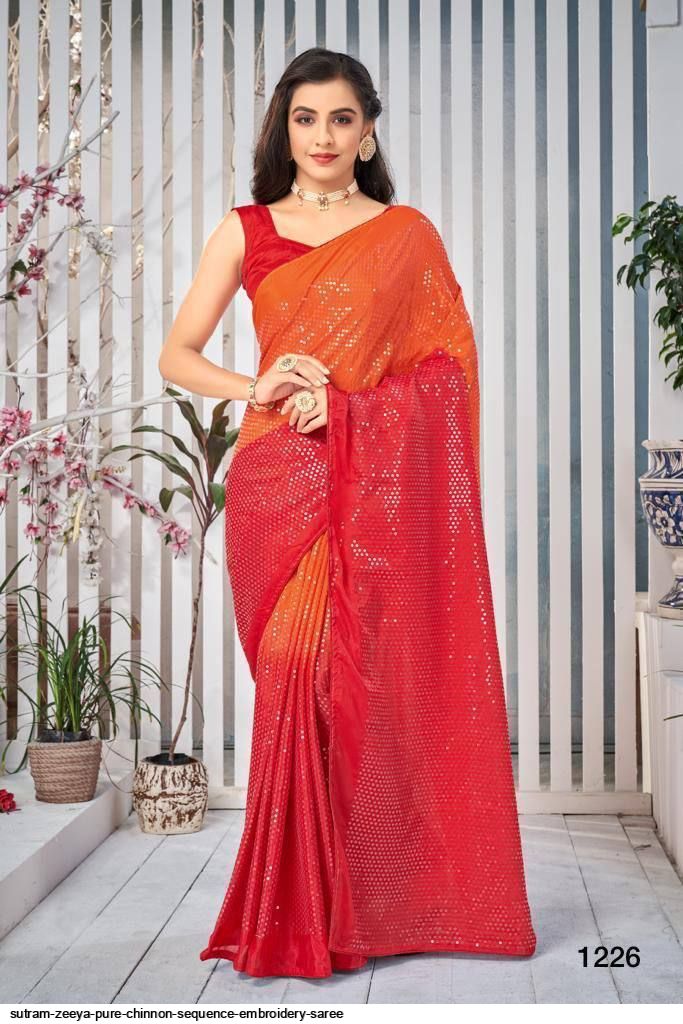 SUTRAM ZEEYA Pure CHINNON Sequence Embroidery SAREE