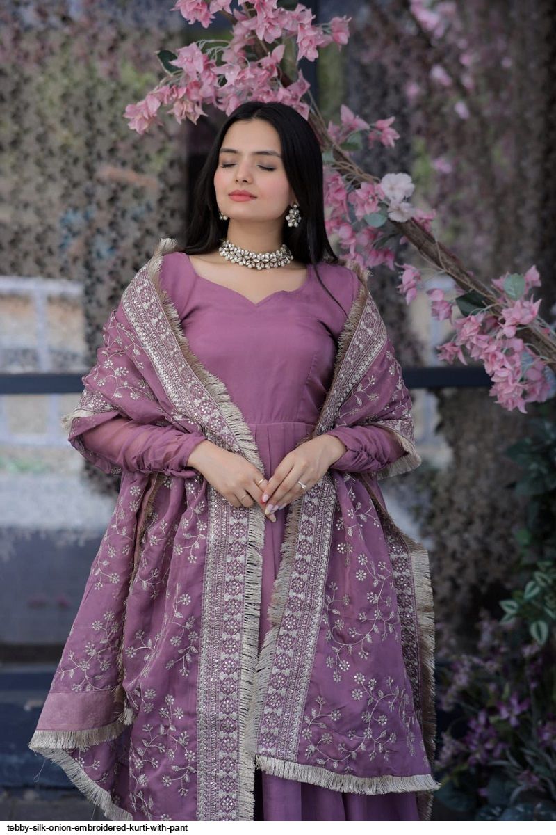 TEBBY SILK ONION EMBROIDERED KURTI WITH PANT