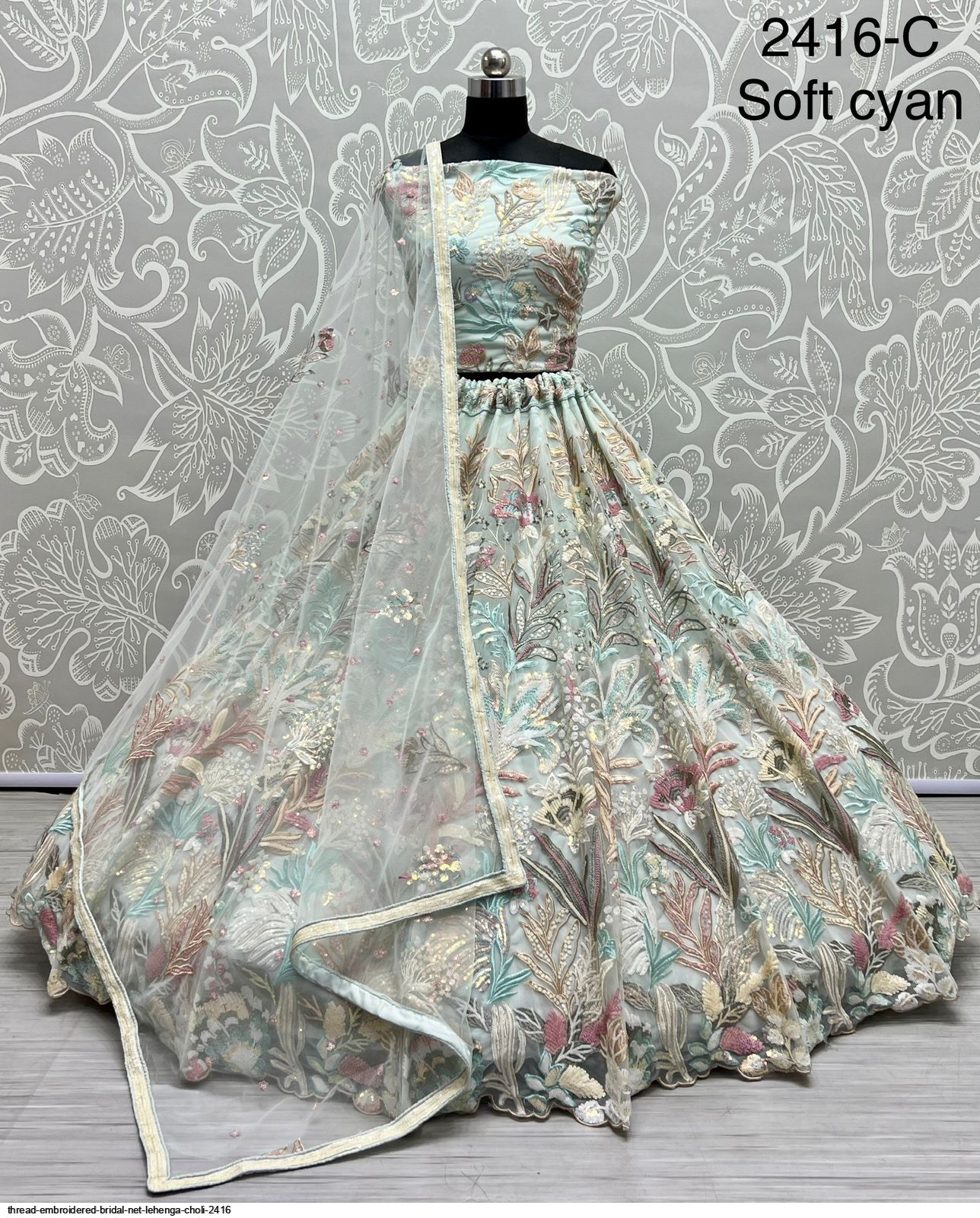thread embroidered bridal net Lehenga choli 2416