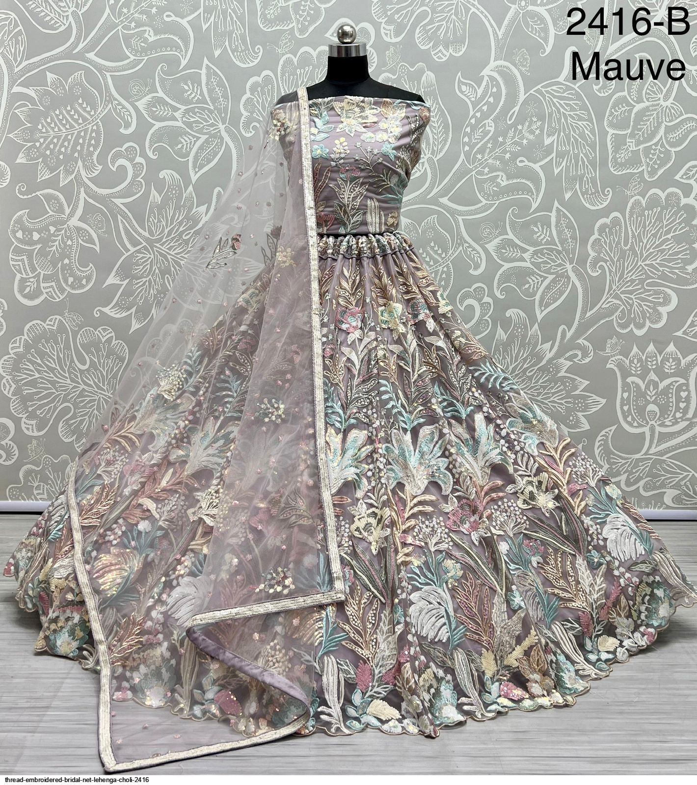 thread embroidered bridal net Lehenga choli 2416