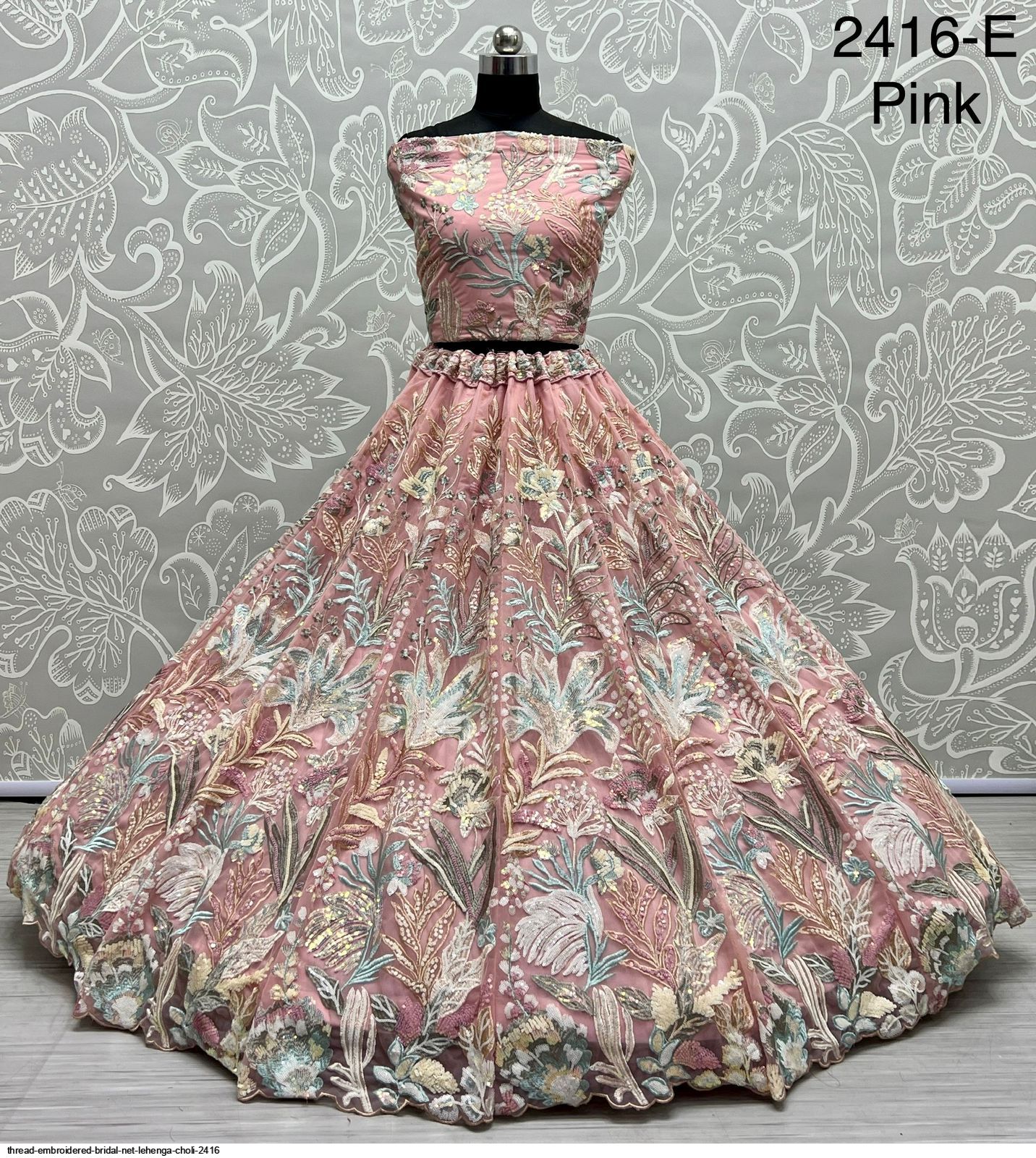thread embroidered bridal net Lehenga choli 2416