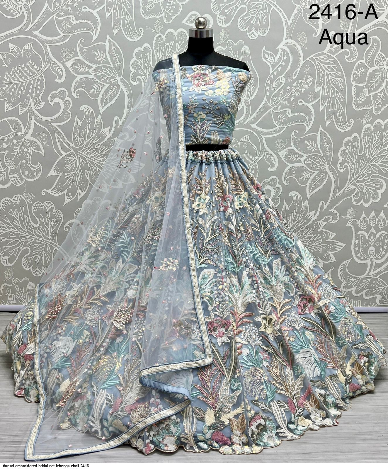 thread embroidered bridal net Lehenga choli 2416