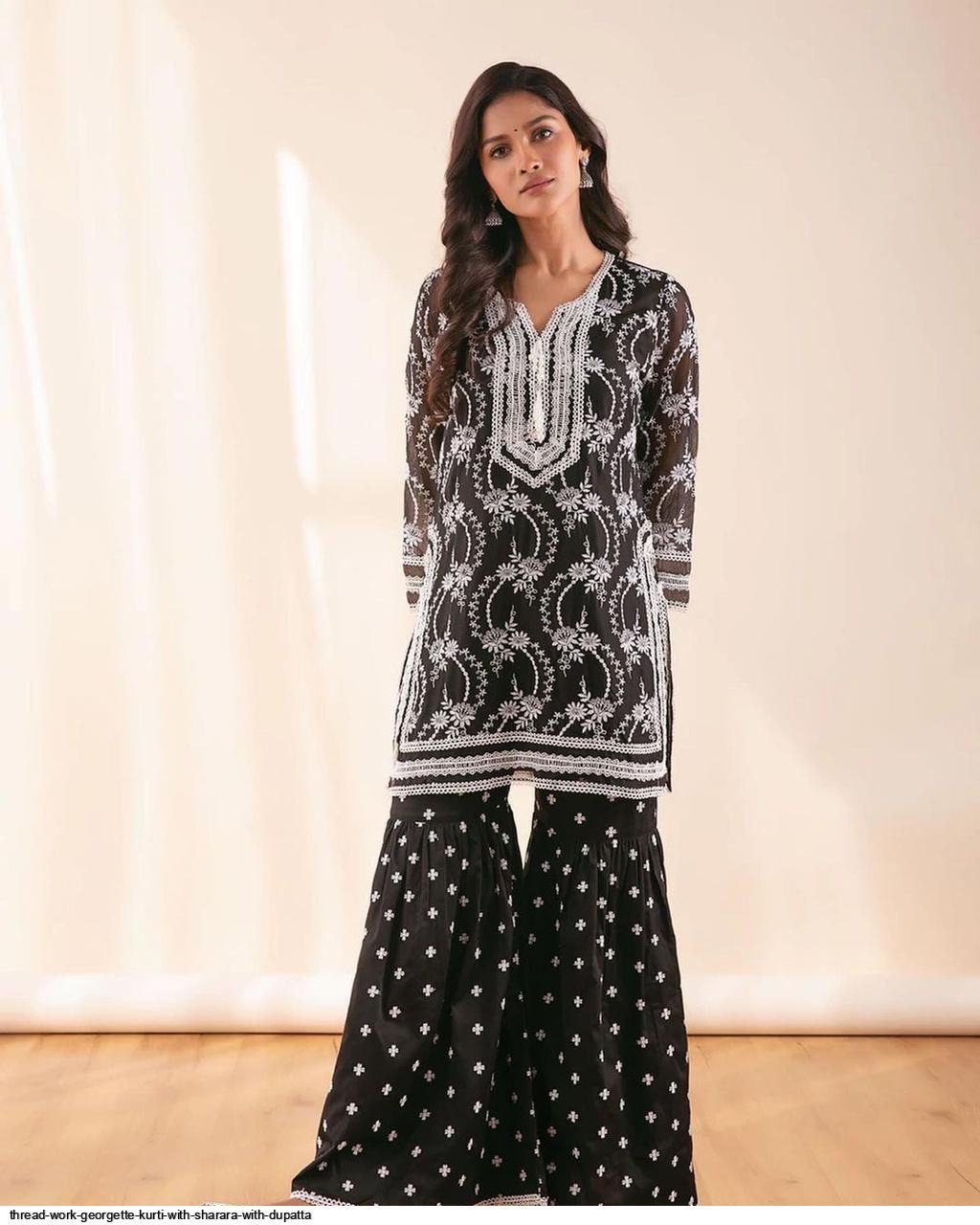 THREAD WORK GEORGETTE KURTI WITH SHARARA WITH DUPATTA
