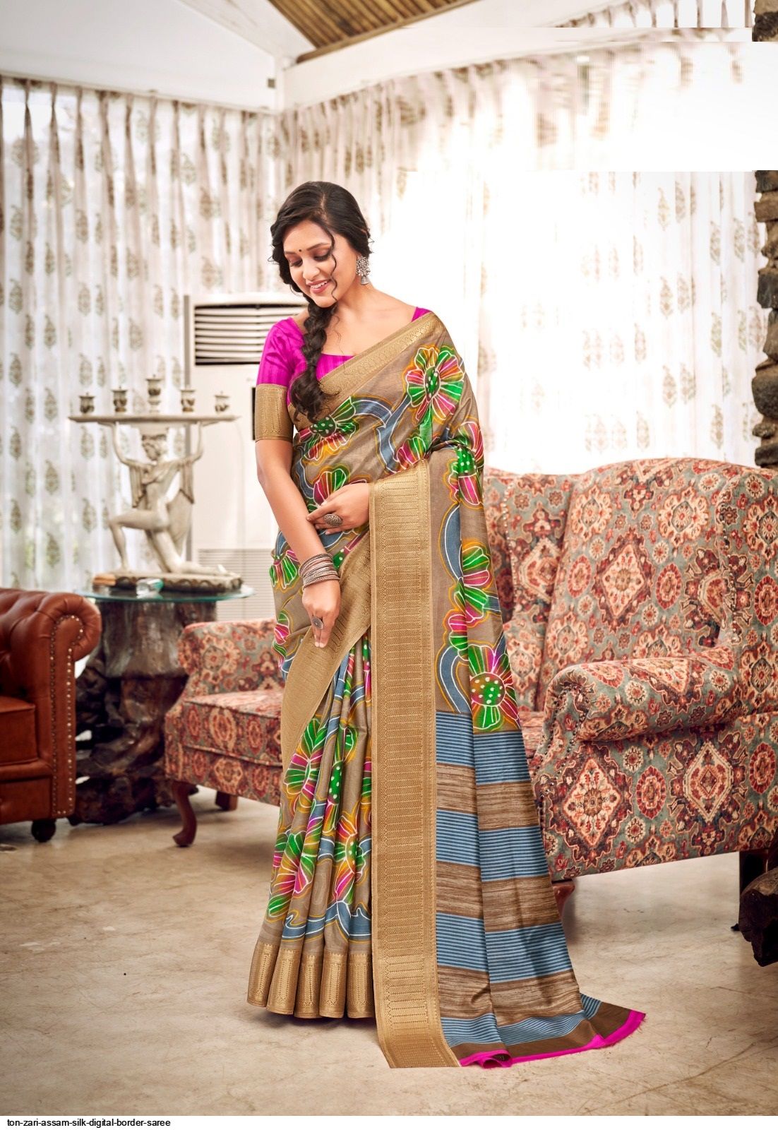 Ton Zari Assam silk digital border saree