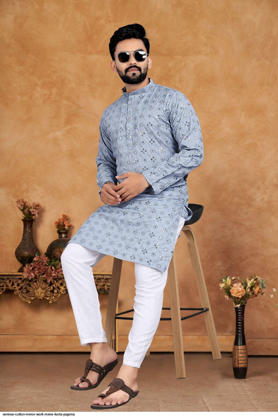 VENMAR COTTON MIRROR WORK MENS KURTA PAJAMA