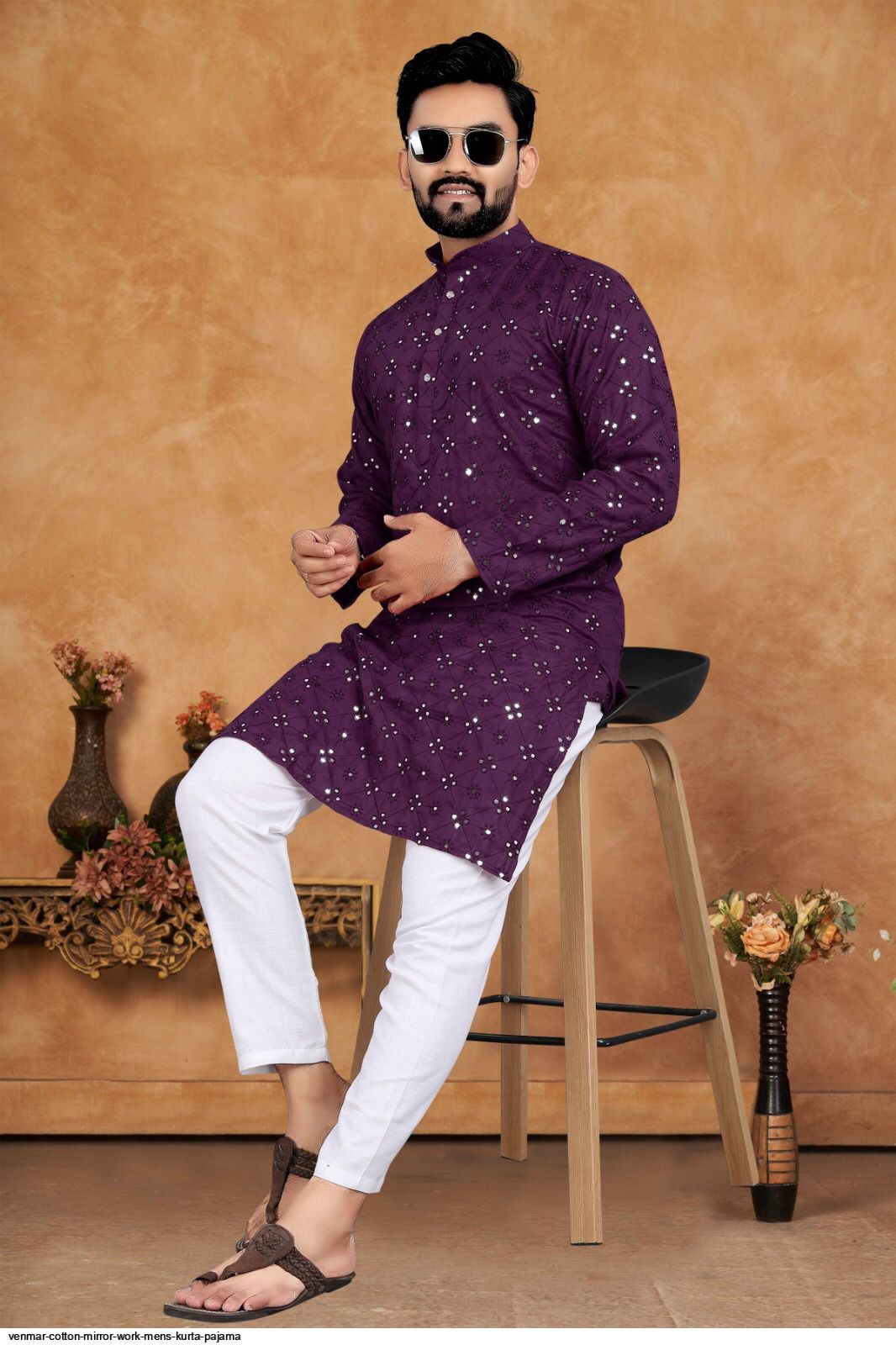 VENMAR COTTON MIRROR WORK MENS KURTA PAJAMA