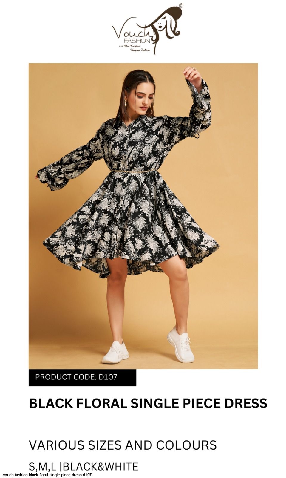 VOUCH FASHION BLACK FLORAL SINGLE PIECE DRESS D107