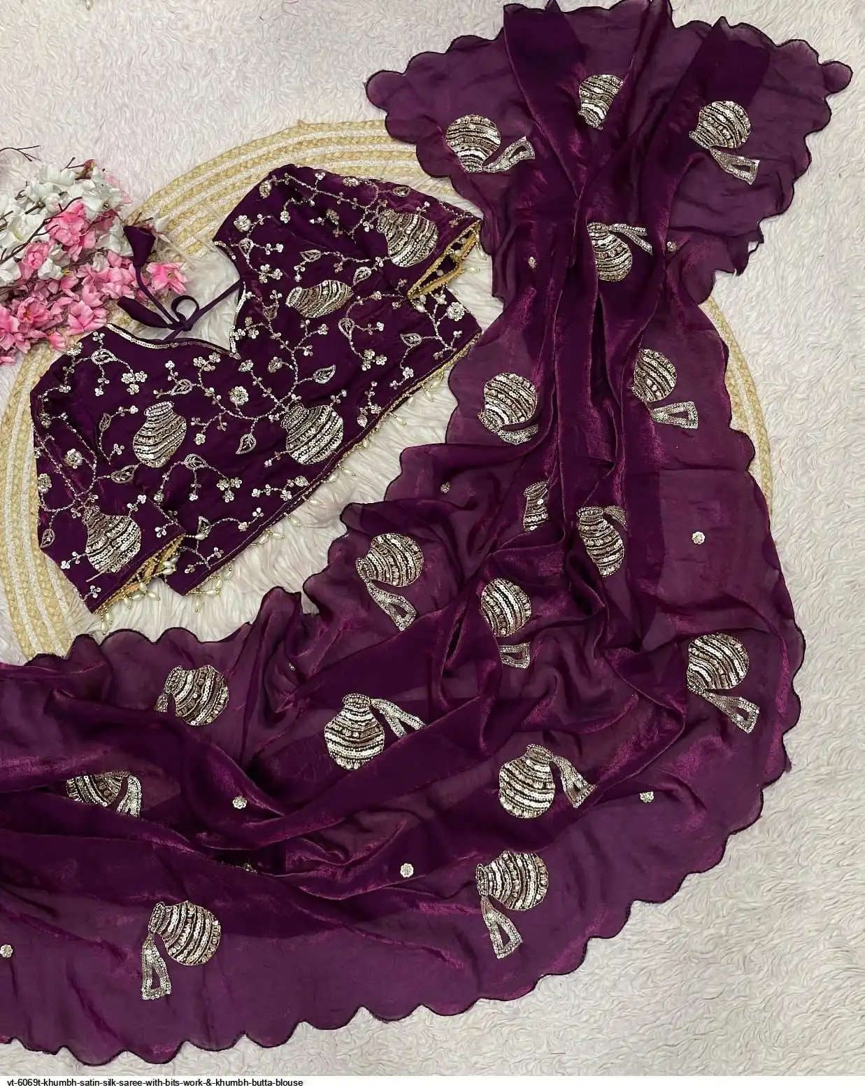 VT-6069T Khumbh Satin Silk Saree Wholesale | Bits Work & Khumbh Butta