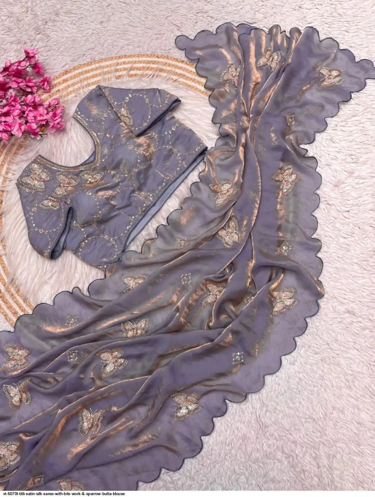 VT-6070T Titli Satin Silk Saree Wholesale | Bits Work & Sparrow Butta