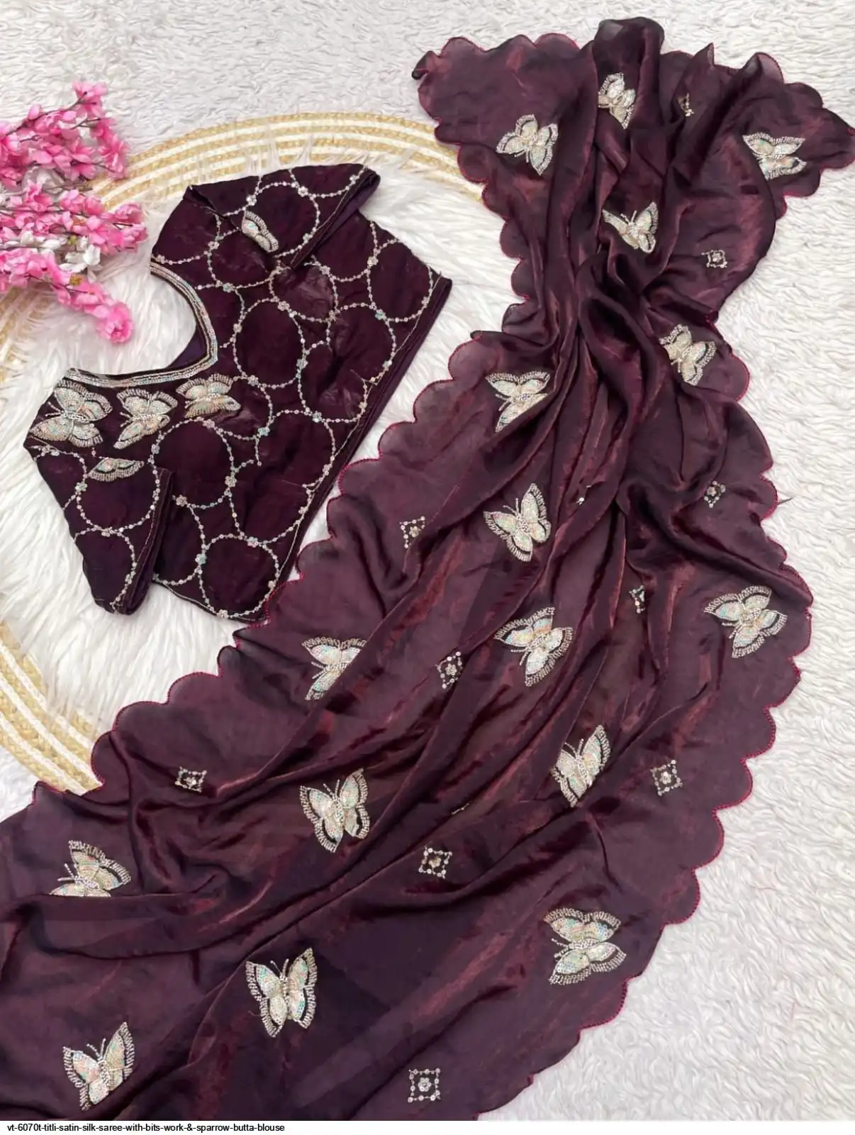 VT-6070T Titli Satin Silk Saree Wholesale | Bits Work & Sparrow Butta