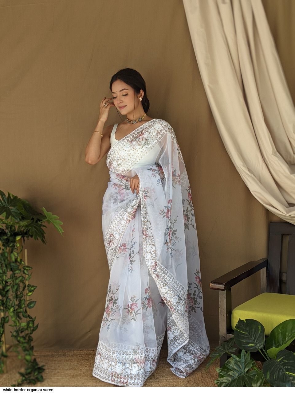 WHITE BORDER Organza SAREE