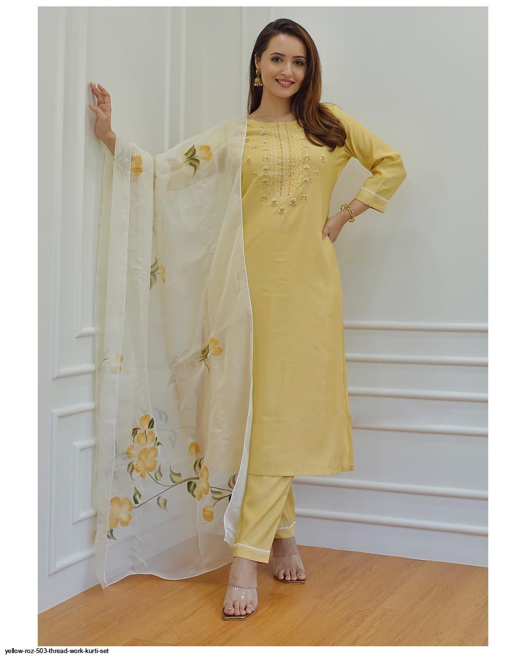 Yellow Roz 503 thread work kurti set
