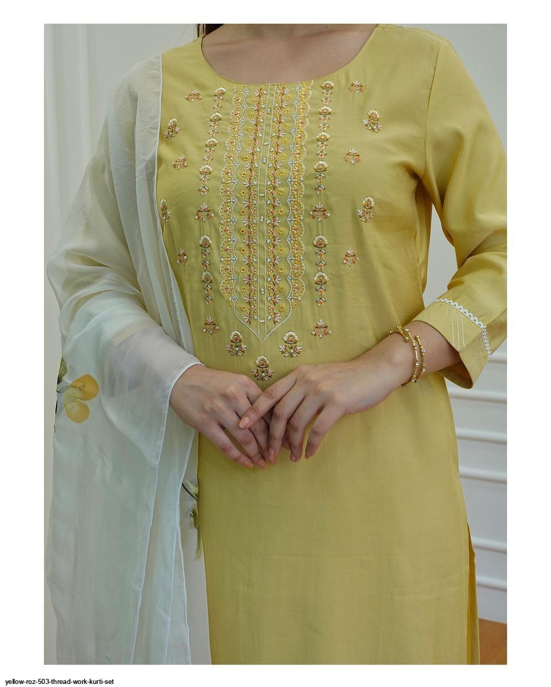 Yellow Roz 503 thread work kurti set