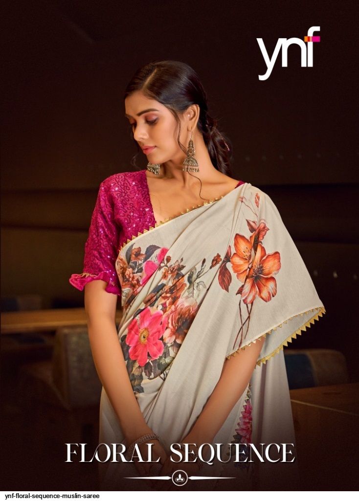 YNF FLORAL SEQUENCE MUSLIN SAREE
