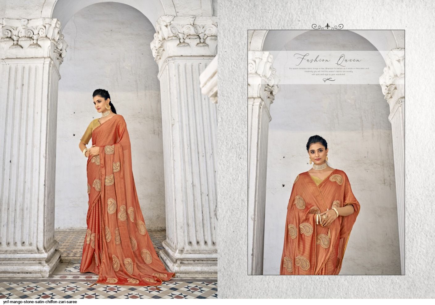 YNF MANGO STONE SATIN CHIFFON ZARI SAREE