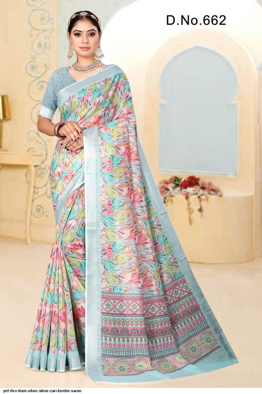 YNF RFEV LINEN SILVER Silver Zari Border SAREE